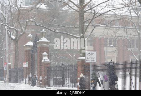 Snowy winter scene from the Harvard University campus in Cambridge ...