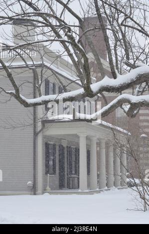 Snowy winter scene from the Harvard University campus in Cambridge ...