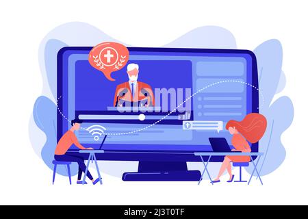 Tiny people, students listening to religious lecture online ...