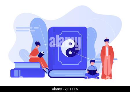 Big book with yin-yang and taoism family reading, tiny people. Yin yang ...