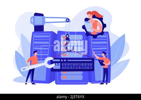 Engineers consolidating and structuring data in the center. Big data engineering, massive data ...
