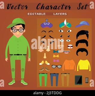 Front view animated characters. Male Students creation set with various ...