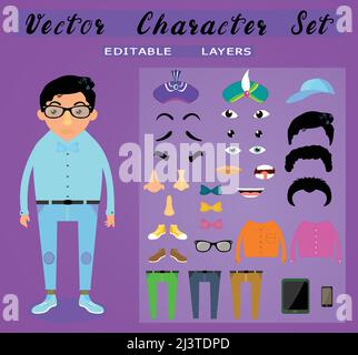 Front view animated characters. Male Students creation set with various ...