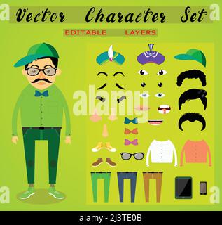 Front view animated characters. Male Students creation set with various ...