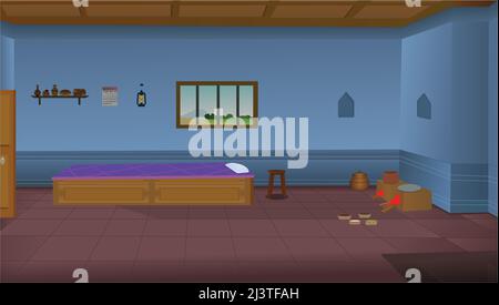 Poor house room inside with kitchen cartoon background with bed, table ...