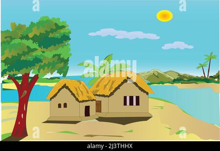Village House, Cottage among trees Cartoon vector illustration Stock ...