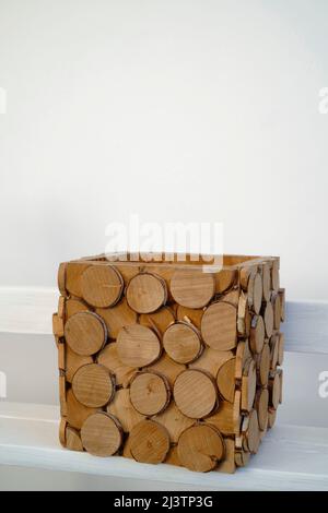 A wooden box made with circles of Silver birch wood Stock Photo - Alamy