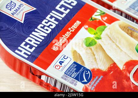 Hamburg, Germany - April 7 2022: Almare Seafood German canned Salmon ...