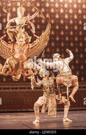 Thai Khon masked dance performance, the battle scene between demon king ...