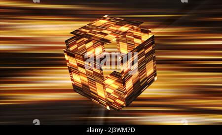 Glowing striped cube in cyberspace. Motion. Shining colorful cube is divided into parts and ...