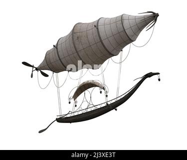 3D illustration of a fantasy elven airship isolated on a plain grey ...