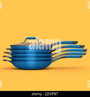 Stack of frying pan with glass lid on yellow background. 3d render of ...