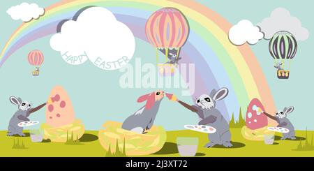 Easter bunnis paints Easter eggs with pastel colors on the background ...