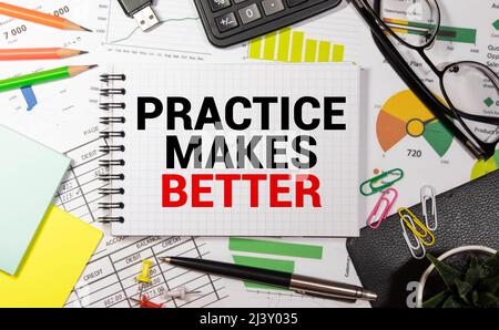 Practice Makes Better text written on a notebook with pencils Stock ...