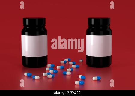 Two containers with a white sticker and scattered tablets. Blue ...