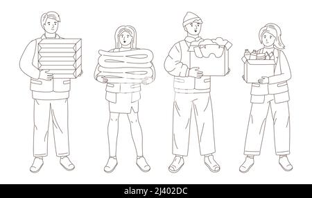 Volunteers with donations volunteering concept. Doodle charity people ...