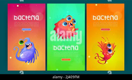 Bacteria posters with cute germ and microbe characters. Vector medical ...