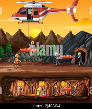 Underground scene with firerman rescue in cartoon style illustration ...
