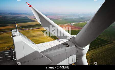 Aerial view of close up windmill turbine in countryside area, Wind ...