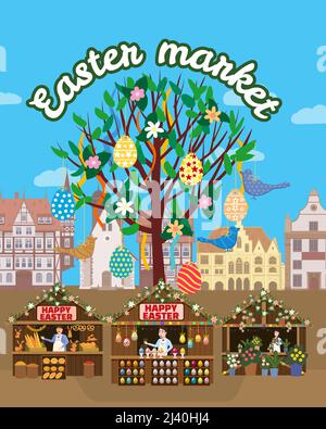 Easter life tree bunny and eggs. Paper cut festive symbols Holiday ...