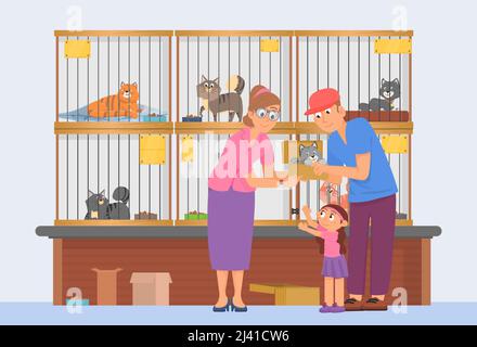 Animal shelter with pets in cages. Man and woman volunteers feeding ...