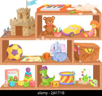 Toys shop cartoon background with group of kids holding balloons shaped ...