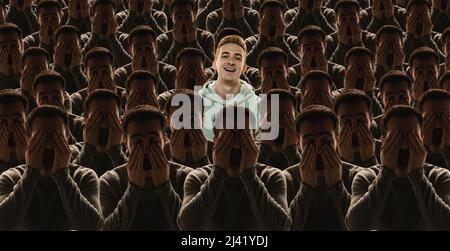 Conceptual collage with crowd of identical people with same emotions ...