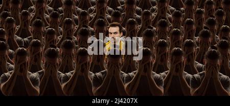 Conceptual collage with crowd of identical people with same emotions ...