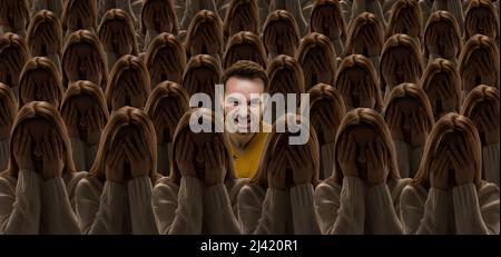 Conceptual collage with crowd of identical people with same emotions ...