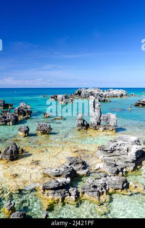 North side shoreline in Bermuda. Beach and rock formation located north ...