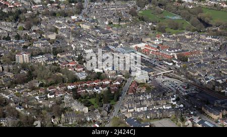 aerial view of the Yorkshire town of Ilkley, with the River Wharfe in ...