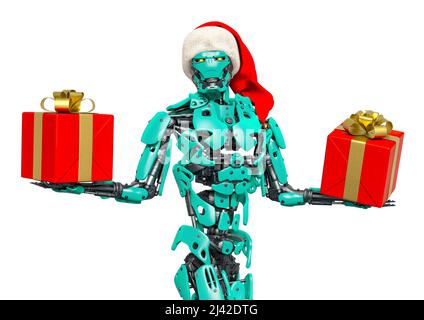 cyborg is the santa this time and he is holding present and gift, 3d ...