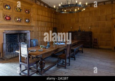 The interior of the great hall of the medieval manor house built in the ...