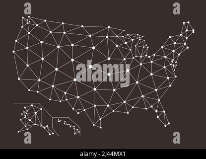 USA grid wireframe map. Connected network of states of America capitals ...