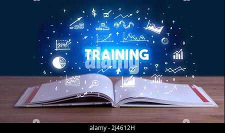 ONLINE TRAINING inscription coming out from an open book, educational ...