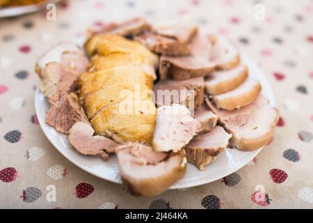 set of cold cuts of cooked chicken and pork meat on plate Stock Photo ...