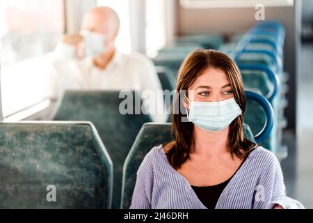 Serious passengers in protective masks during their train day trip ...