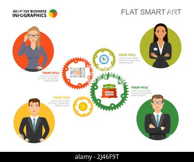 Four people team process chart slide template. Business data. Workflow ...