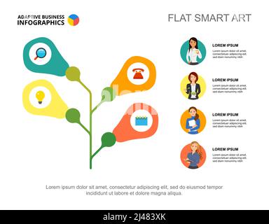 Four people team process chart slide template. Business data. Workflow ...