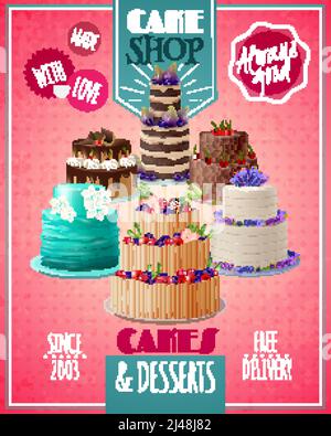 Baked cakes cartoon poster with fruit and chocolate cakes vector ...