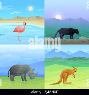 Polygonal 2x2 background with wild animals and birds in their habitat ...