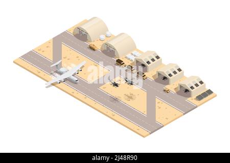 Colored military isometric composition in beige colors with runway ...