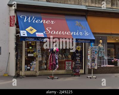 Souvenir shop window with signs No kangaroos in Austria in the historic ...