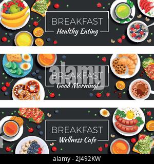 Breakfast horizontal banners with healthy eating products wellness cafe ...