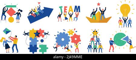 Teamwork icons set with ideas and brainstorming symbols flat isolated ...