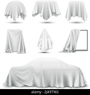 White silk cloth covered objects realistic set with draped mirror car ...