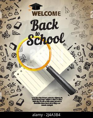 back to school lettering with notebook, magnifying glass and clock ...