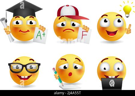 Smileys back to school emoticon vector set. Smiley emoji with ...