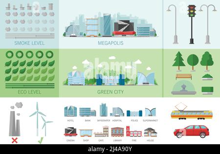 City buildings infographic with isolated colored individual elements ...