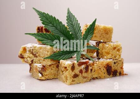 Homemade pie and powdered sugar with CBD oil. Cannabis kitchen ...